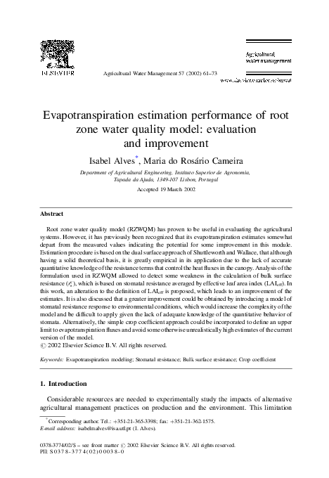 (PDF) Evapotranspiration estimation performance of root zone water quality model: evaluation and ...
