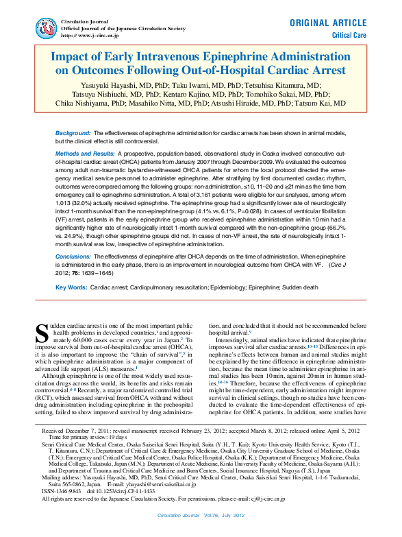 (PDF) Impact of Early Intravenous Epinephrine Administration on Outcomes Following Out-of ...