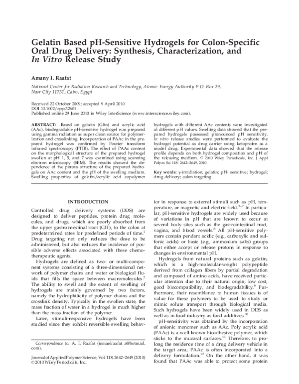 (PDF) Gelatin based pH-sensitive hydrogels for colon-specific oral drug delivery: Synthesis ...