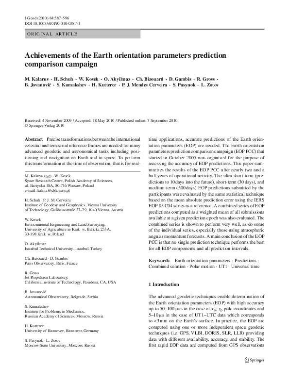 (PDF) Achievements of the Earth orientation parameters prediction ...