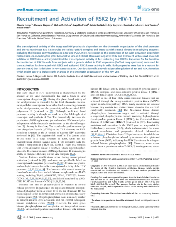 (PDF) Recruitment and Activation of RSK2 by HIV-1 Tat | Olivier Schwartz - Academia.edu