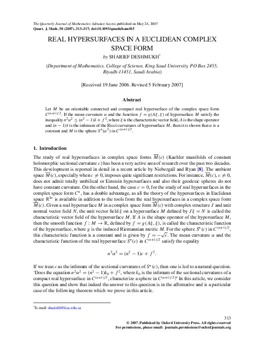 (PDF) REAL HYPERSURFACES IN A EUCLIDEAN COMPLEX SPACE FORM
