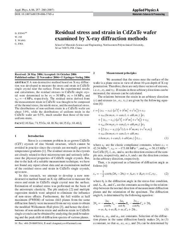 Pdf Residual Stress And Strain In Cdznte Wafer Examined By X Ray Diffraction Methods Ge