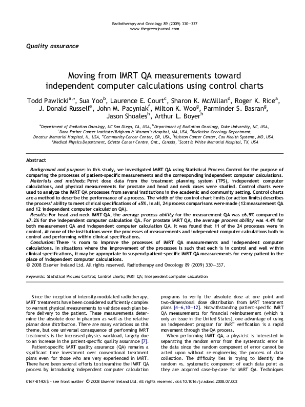 Pdf Moving From Imrt Qa Measurements Toward Independent Computer Calculations Using Control Charts