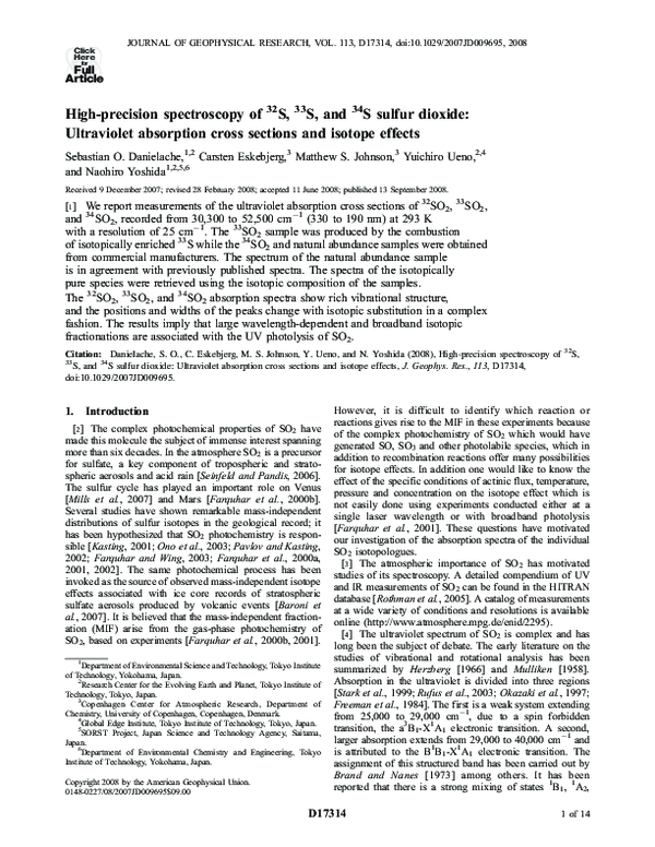 (PDF) High-precision spectroscopy of 32 S, 33 S, and 34 S sulfur dioxide: Ultraviolet absorption ...