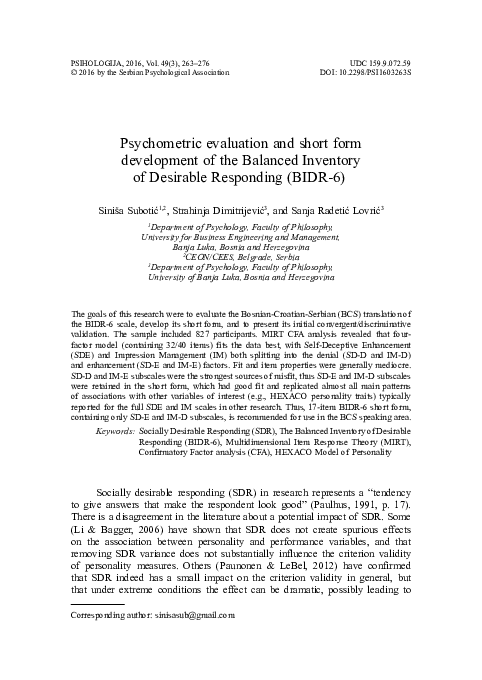 (PDF) Psychometric evaluation and short form development of the ...