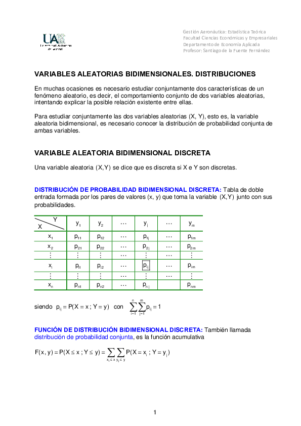 (PDF) VARIABLES ALEATORIAS BIDIMENSIONALES. DISTRIBUCIONES