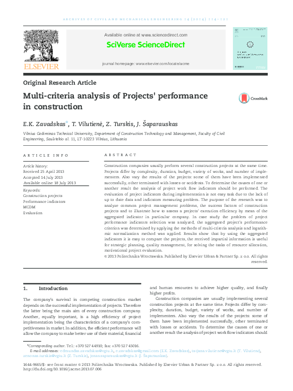 (PDF) Multi-criteria analysis of Projects' performance in construction