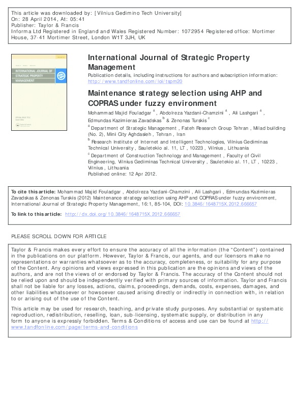 (PDF) Maintenance strategy selection using AHP and COPRAS under fuzzy environment
