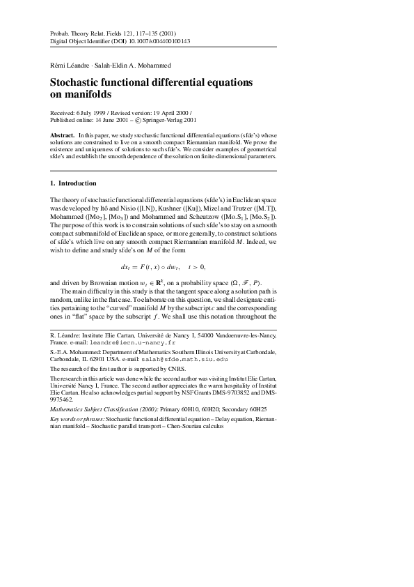 Pdf Stochastic Functional Differential Equations On Manifolds