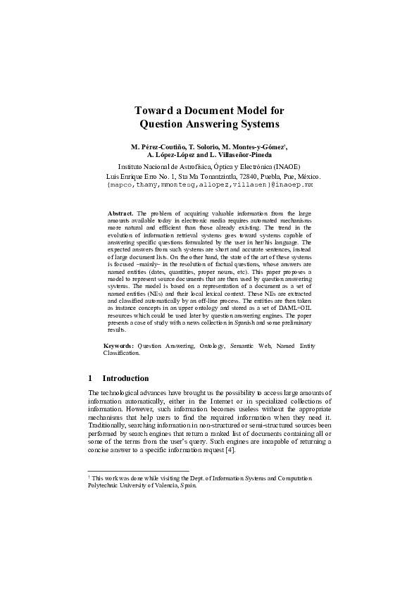 (PDF) Toward a Document Model for Question Answering Systems