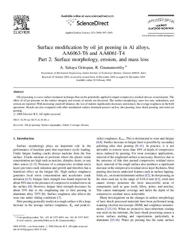 (PDF) Surface modification by oil jet peening in Al alloys, AA6063-T6 and AA6061-T4: Residual ...