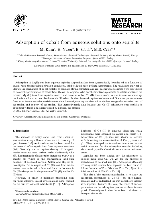 (PDF) Adsorption of cobalt from aqueous solutions onto sepiolite