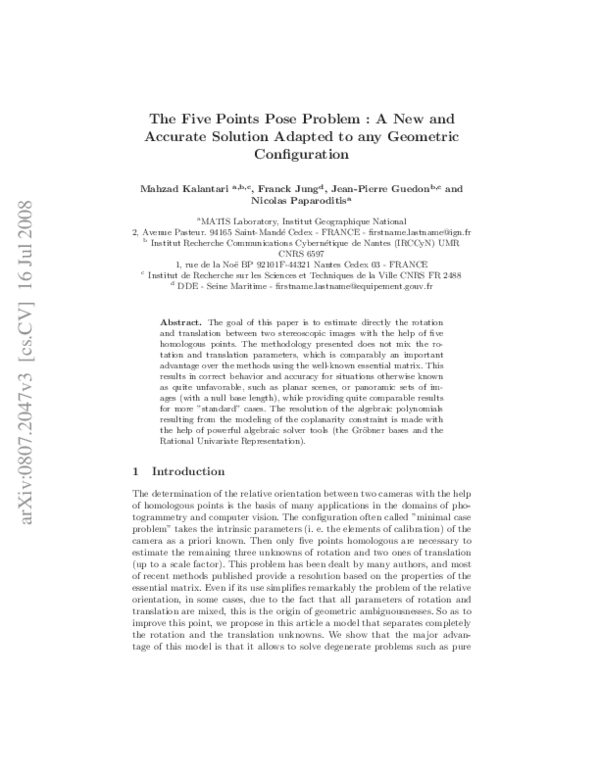 (PDF) The Five Points Pose Problem : A New and Accurate Solution ...