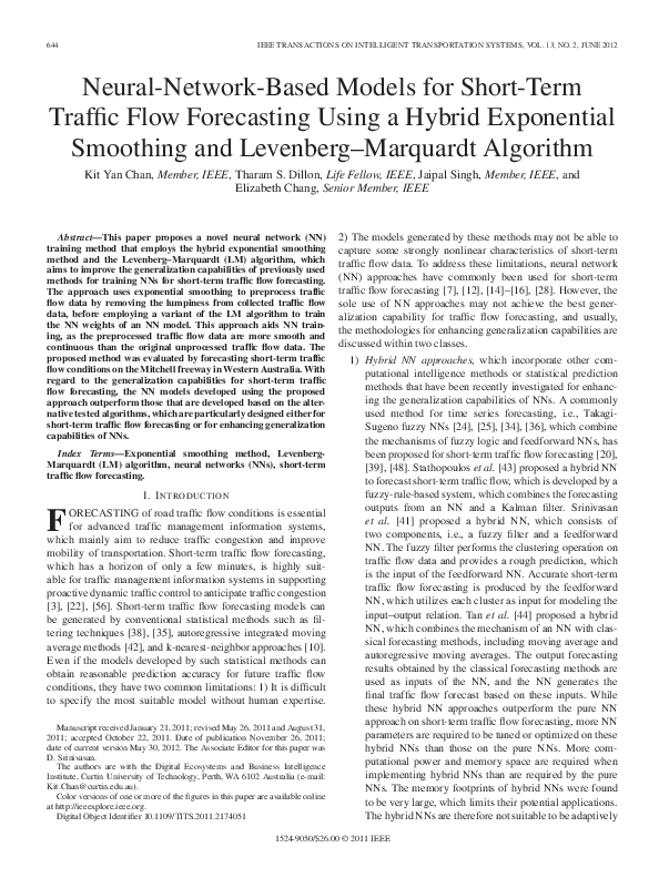 Pdf Neural Network Based Models For Short Term Traffic Flow Forecasting Using A Hybrid