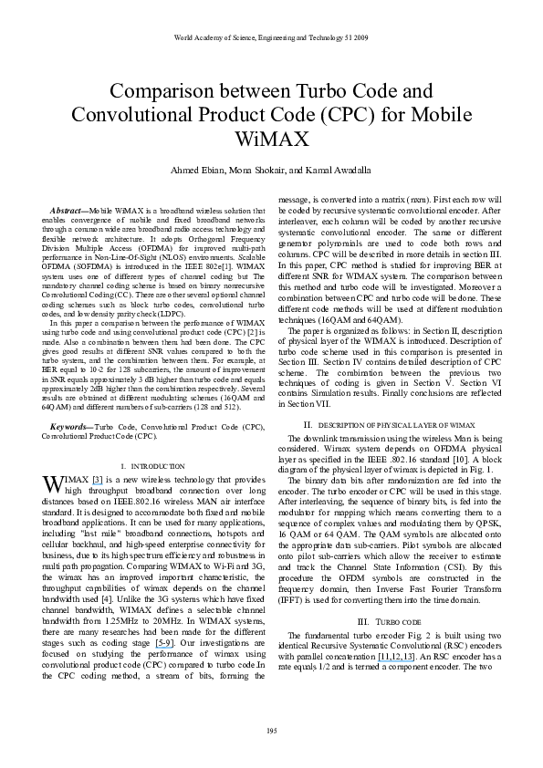 Pdf Comparison Between Turbo Code And Convolutional Product Code Cpc For Mobile Wimax
