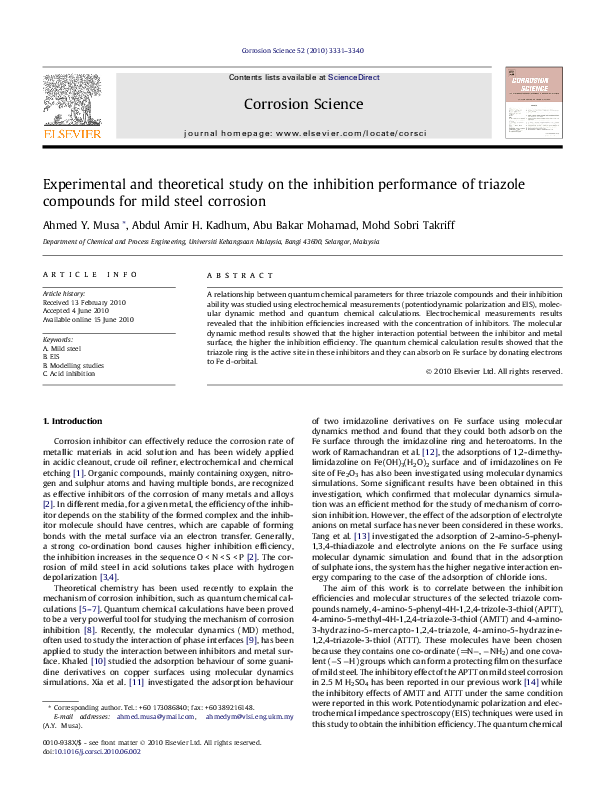 (PDF) Experimental and theoretical study on the inhibition performance of triazole compounds for ...