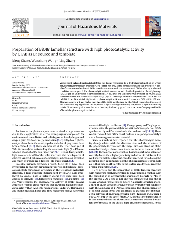 (PDF) Preparation of BiOBr lamellar structure with high photocatalytic ...