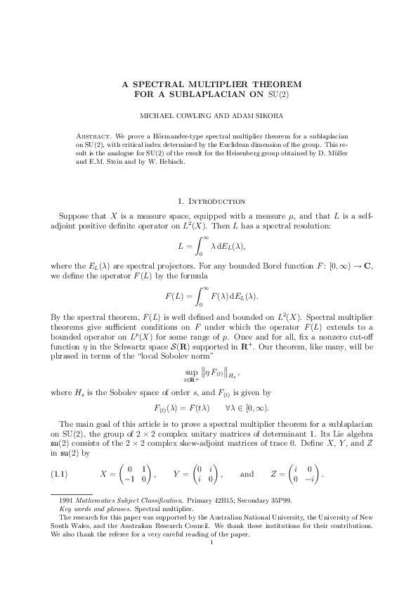 Pdf A Spectral Multiplier Theorem For A Sublaplacian On Su 2