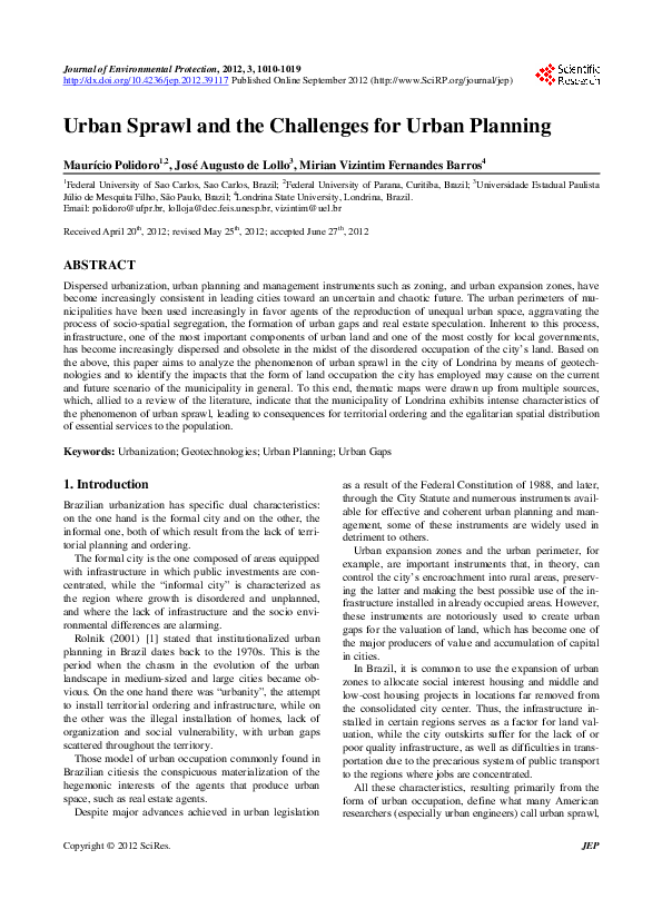 (PDF) Urban Sprawl and the Challenges for Urban Planning