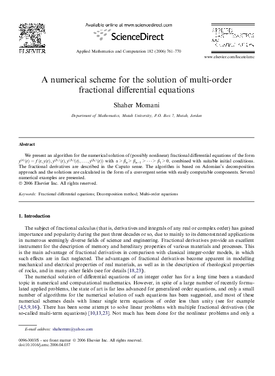 Pdf A Numerical Scheme For The Solution Of Multi Order Fractional Differential Equations