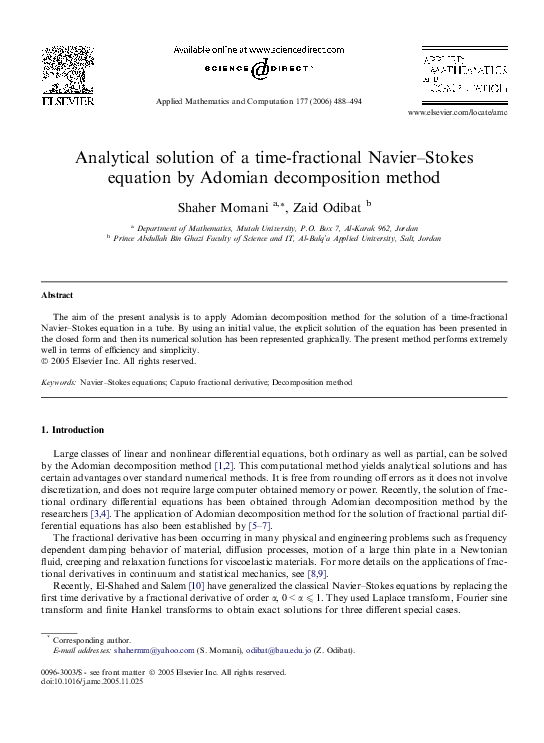 Pdf Analytical Solution Of A Time Fractional Navier Stokes Equation By Adomian Decomposition