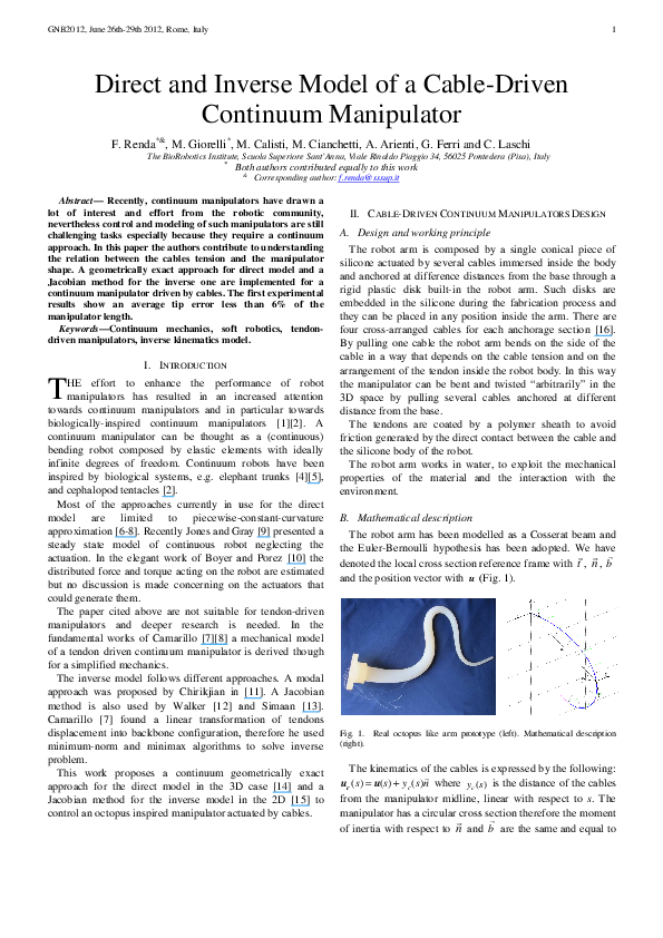 (PDF) Direct and Inverse Model of a continuum cable driven manipulator