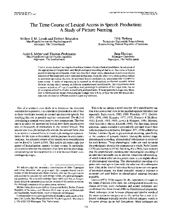 (PDF) Lexical Access in Speech: A 2-Stage Theory