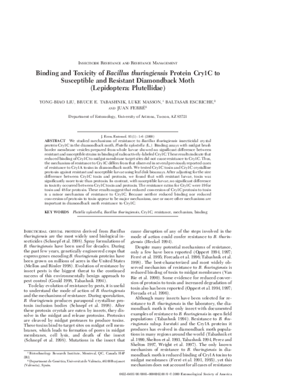 (PDF) Binding and Toxicity of Bacillus thuringiensis Protein Cry1C to Susceptible and Resistant ...