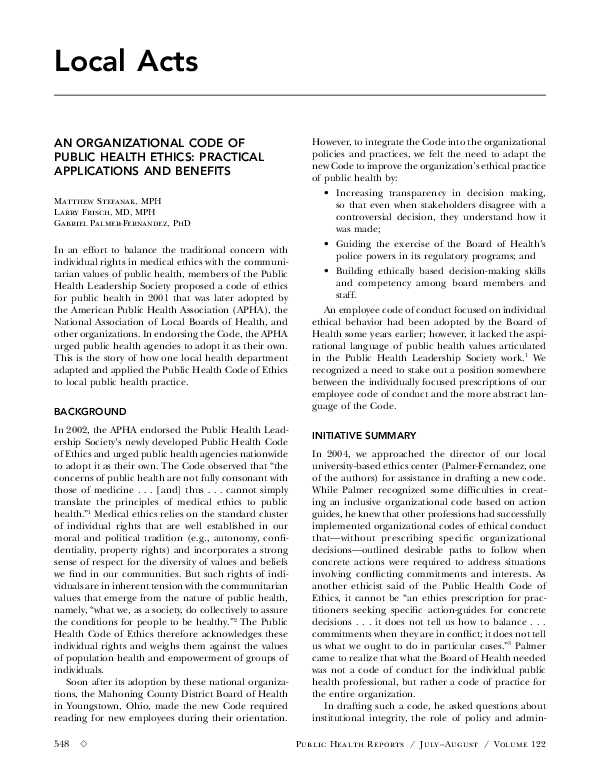 (PDF) An organizational code of public health ethics: practical ...