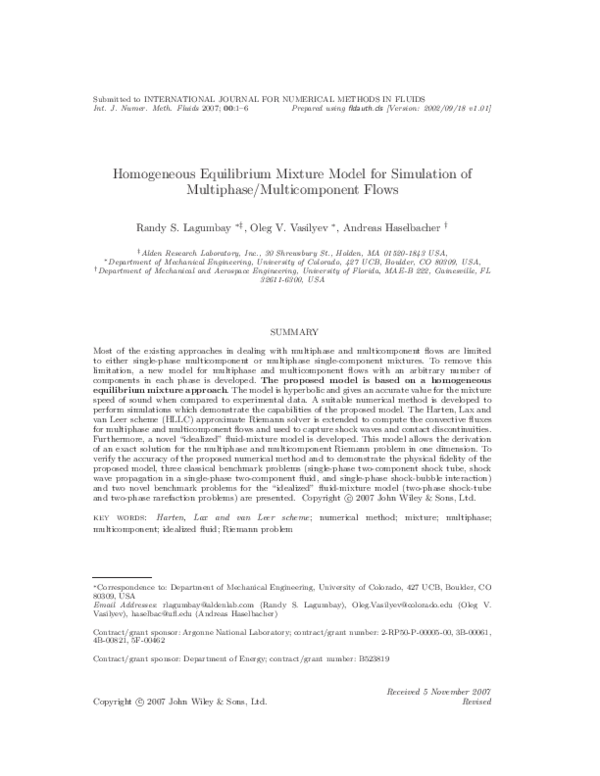 (PDF) Homogeneous equilibrium mixture model for simulation of multiphase/multicomponent flows