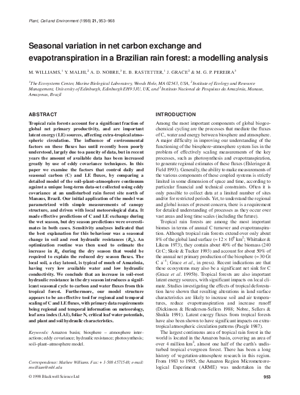 (PDF) Seasonal variation in net carbon exchange and evapotranspiration in a Brazilian rain ...