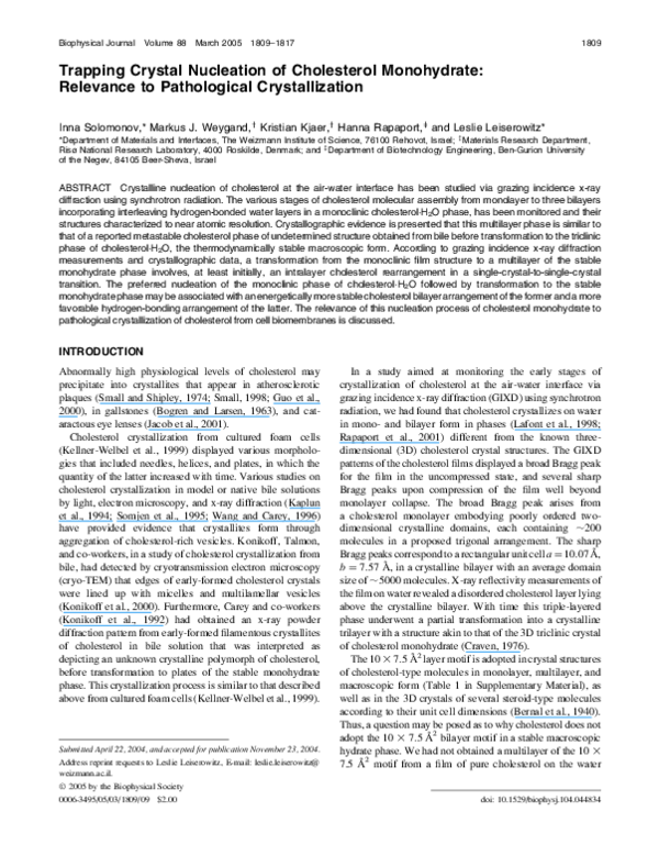 (PDF) Trapping Crystal Nucleation of Cholesterol Monohydrate: Relevance ...