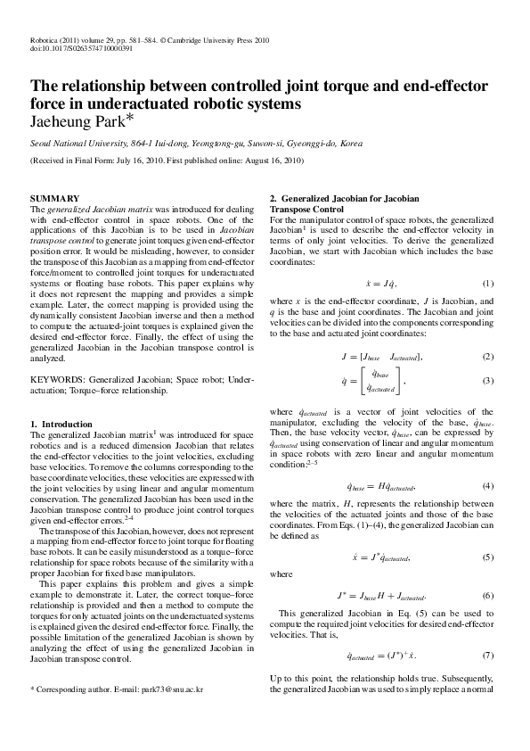 Pdf The Relationship Between Controlled Joint Torque And End Effector Force In Underactuated