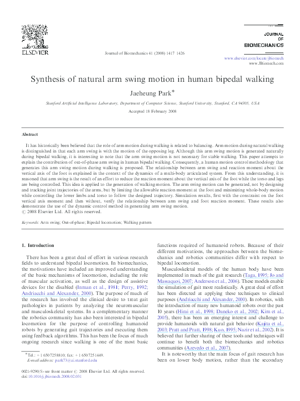 (PDF) Synthesis of natural arm swing motion in human bipedal walking