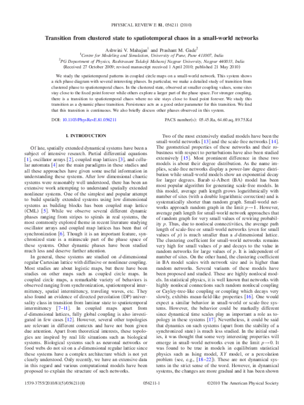 Pdf Transition From Clustered State To Spatiotemporal Chaos In A Small World Networks