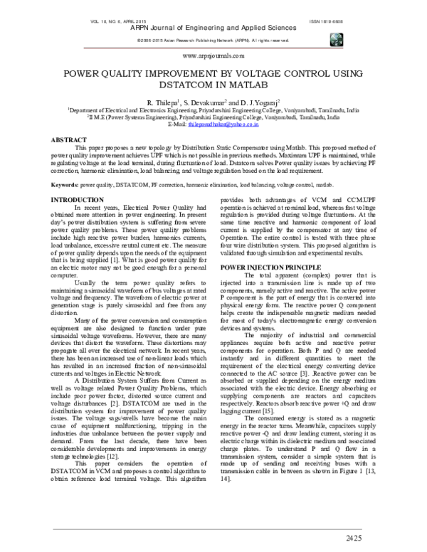 Pdf Power Quality Improvement By Voltage Control Using Dstatcom In Matlab