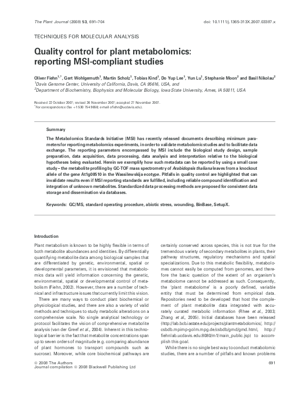(PDF) Quality control for plant metabolomics: reporting MSI-compliant ...