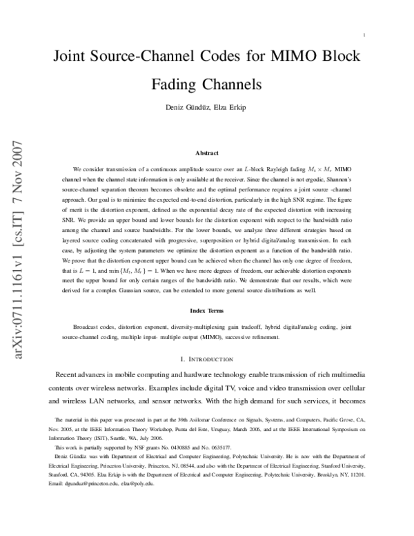 (PDF) Joint Source-Channel Codes for MIMO Block Fading Channels