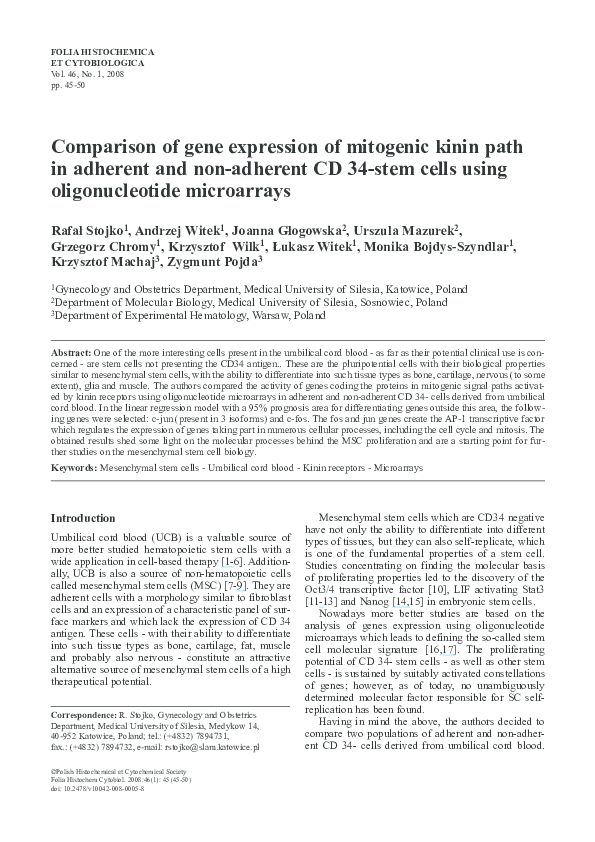 (PDF) Comparison of gene expression of mitogenic kinin path in adherent and non-adherent CD 34 ...