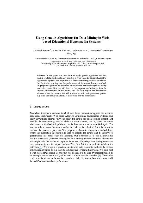 Pdf Using Genetic Algorithms For Data Mining In Web Based Educational Hypermedia Systems