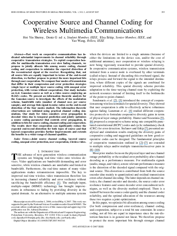 (PDF) Cooperative Source and Channel Coding for Wireless Multimedia Communications