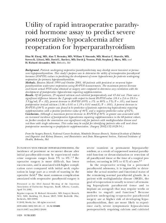 (PDF) Utility of rapid intraoperative parathyroid hormone assay to predict severe postoperative ...