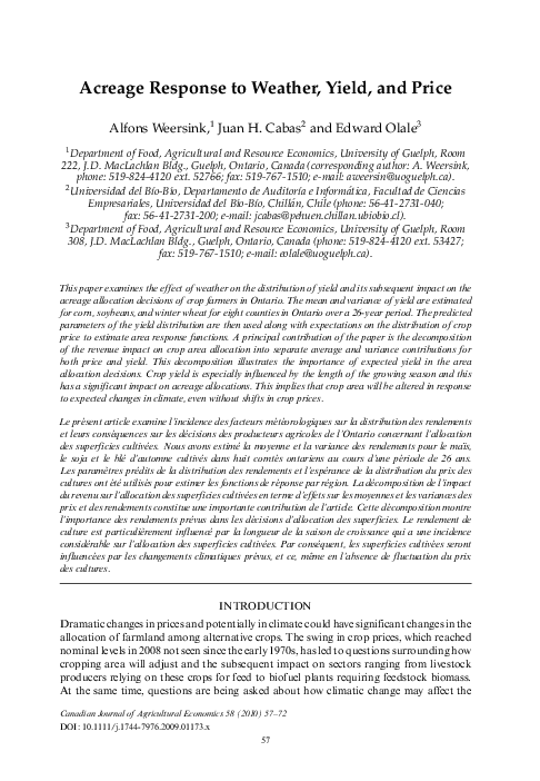 (PDF) Acreage Response to Weather, Yield, and Price