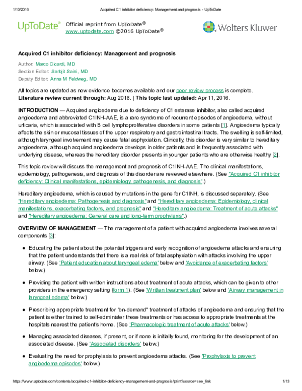 (PDF) Acquired C1 inhibitor deficiency: Management and prognosis