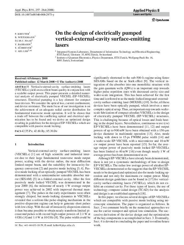 Pdf On The Design Of Electrically Pumped Vertical External Cavity Surface Emitting Lasers