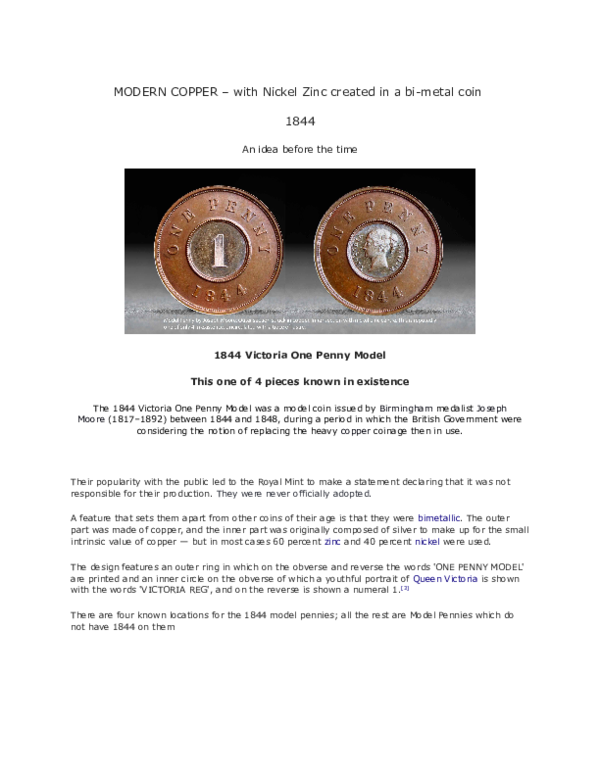 (DOC) MODERN COPPER – with Nickel Zinc created in a bi-metal coin 1844 ...