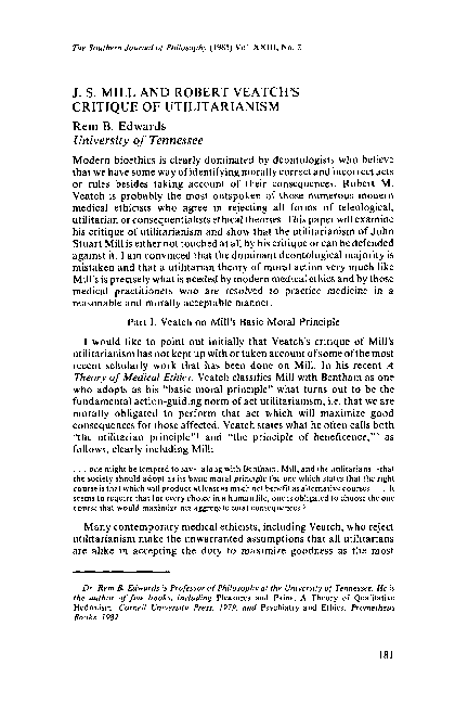 (PDF) J. S. MILL AND ROBERT VEATCH'S CRITIQUE OF UTILITARIANISM