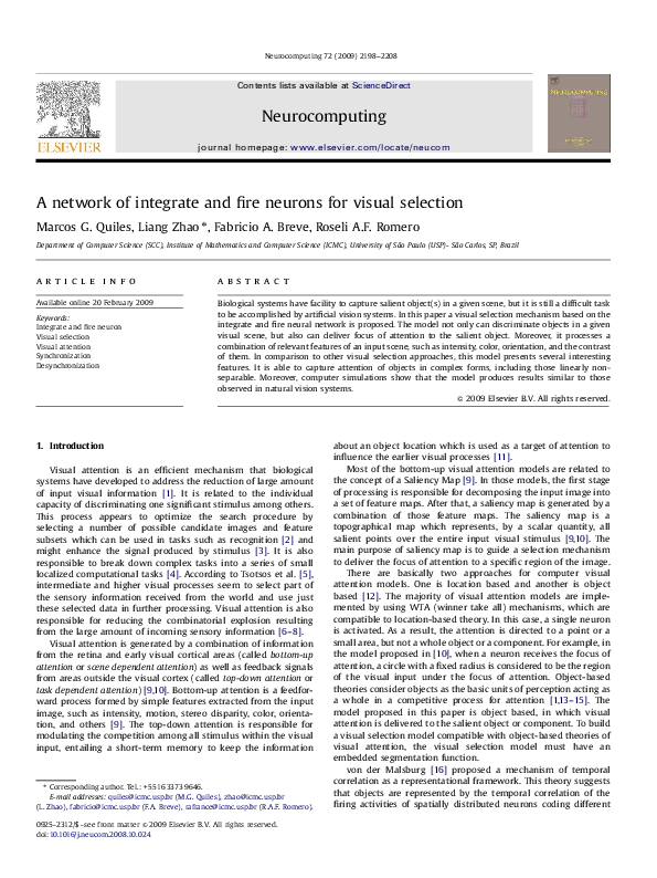 (PDF) A network of integrate and fire neurons for visual selection