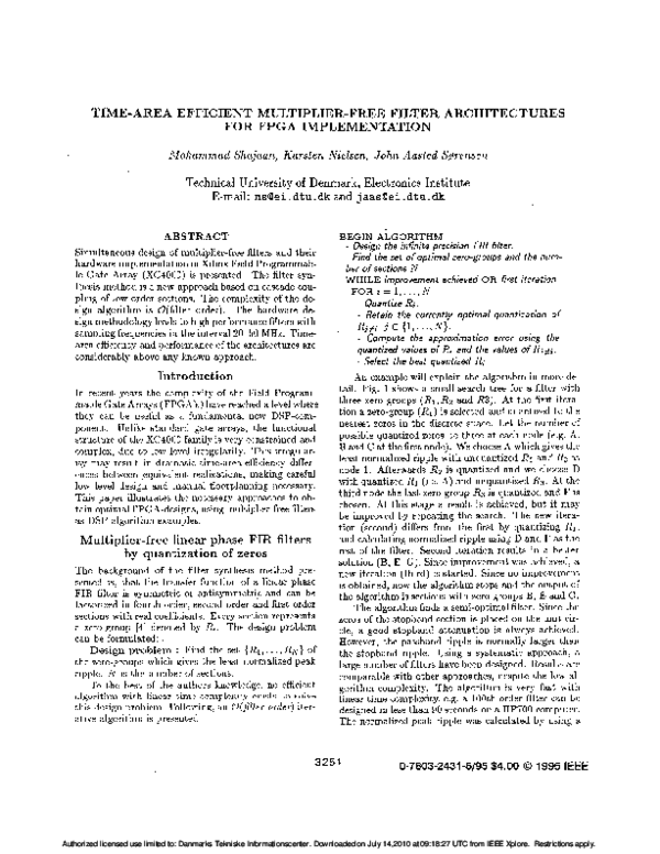 Pdf Time Area Efficient Multiplier Free Filter Architectures For Fpga Implementation